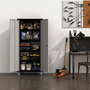 Bonnlo 72" Tall Sliver&Black Garage Storage Cabinets with Locking Doors and 4 Adjustable Shelves, Metal Storage Cabinets with Wheels for Garage, Office, Kitchen, Laundry&Utility Room, 32W x 16D x 72H
