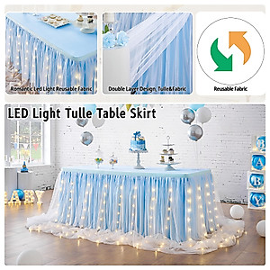 leegleri Baby Blue Tulle Table Skirt for Baby Shower,6FT Blue Ruffle Tutu Table Skirt with LED Light for Elephant Birthday Party Ocean Baby Shark Gender Reveal Cake Table Decorations