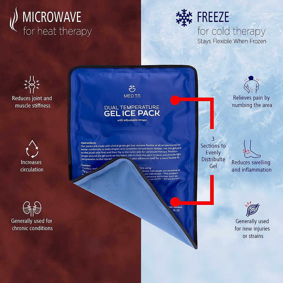 Gel Ice Pack for Injuries Reusable Gel - Hot & Cold Pack Compress Flexible Soft Gel Ice Pack for Back, Shoulder, Elbow, Hip, Knee Pain Relief Therapy for Swelling & Bruising (15x10+Straps)