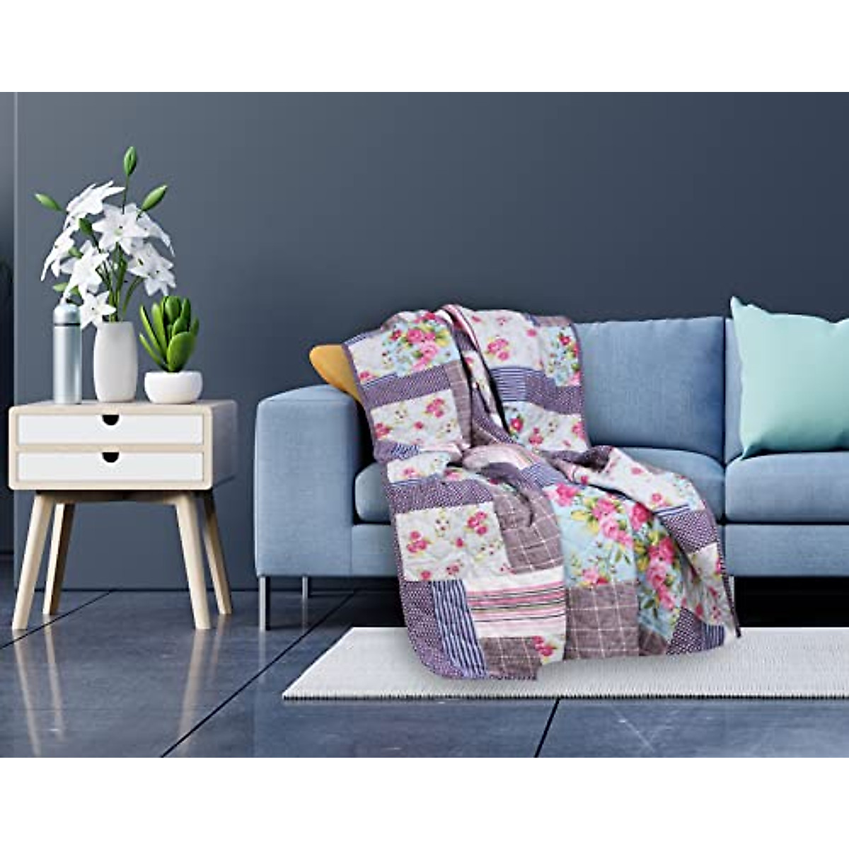 Ruvanti 100% Cotton Throw Blanket 50x70 Inch. Soft, Cozy & Warm Throw Blanket for Couch, Sofa & Bed. Lightweight, Luxury Blankets & Throws Prefect for All Seasons. Pink, Yellow Floral Reversible Print