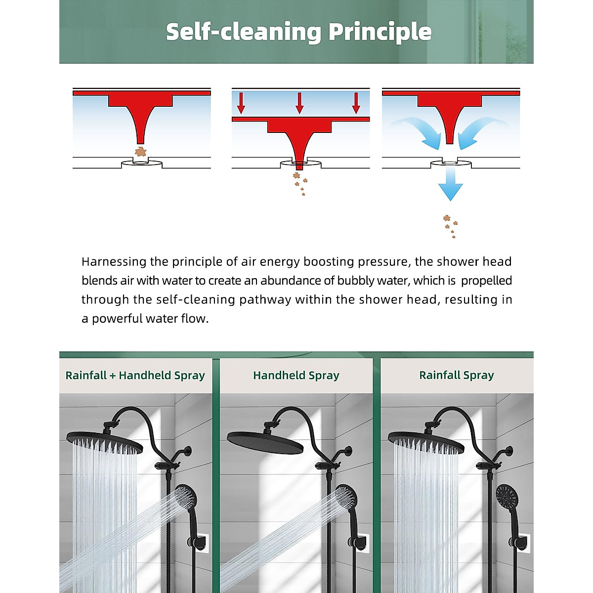 Hibbent 10'' Self-cleaning Rain Shower Head, High Pressure Handheld Shower Head, Showerhead Combo with 12'' Adjustable Curved Shower Extension Arm, 7-Spray, 71'' Hose, Showerhead Holder, Matte Black