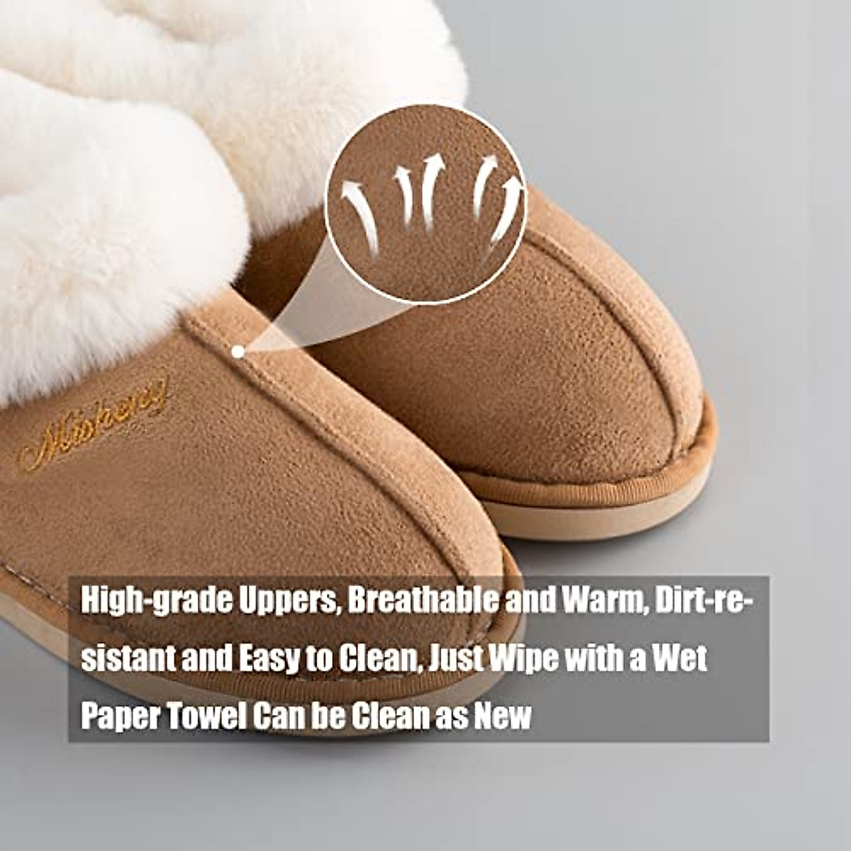 Afellicy Fluffy Slippers Memory Foam Tan Slippers for Women Fuzzy Winter Indoor Outdoor Suede Fur Lined Cozy Plush Warm Slip-On Anti-Skid House Shoes Furry Slippers