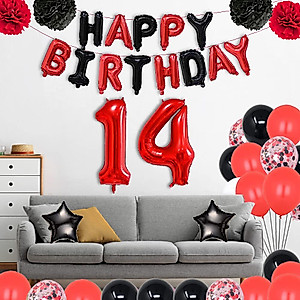 yujiaonly 14th Birthday Party Decorations-Happy Birthday Foil Ballons Banner Red Number 14 Happy birthday Sash Latex Balloons Perfect for 14 Years Old Party Supplies Balloons Number 14 Red