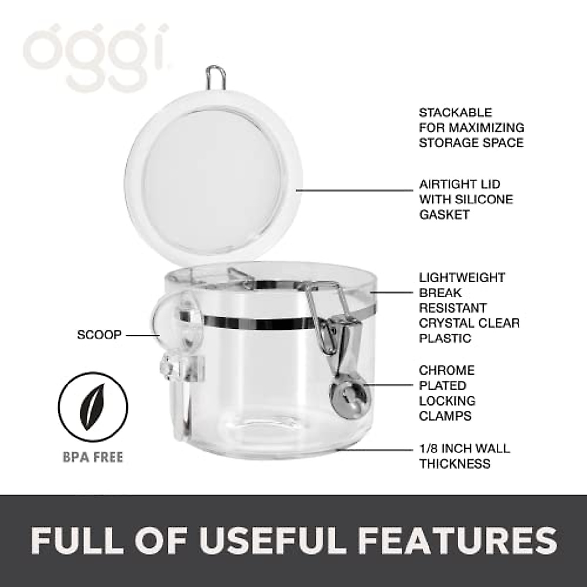 OGGI Clear Canister Airtight 28oz - Clamp Lid & Spoon - Airtight Food Storage Containers, Ideal for Kitchen & Pantry Storage of Bulk, Dry Food Including Flour, Sugar, Coffee, Rice, Tea, Spices & Herbs