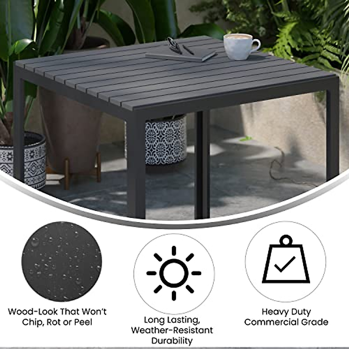 Flash Furniture Harris Commercial Indoor/Outdoor Patio Table - Black Poly Resin Slatted Top - Black Steel Frame - Seating for 4, 31.5" Square