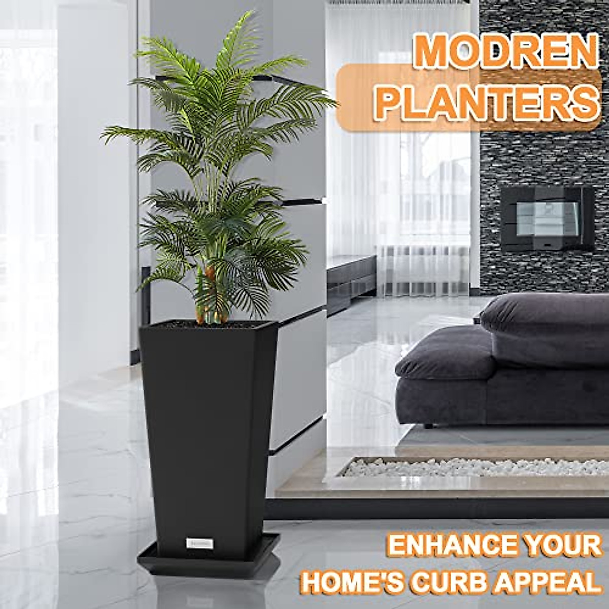 Elevens Outdoor Planter Larger Flower Pots Indoor Taper Garden V-Shape Tall Planters 27 inches Garden Pots Planter - Black（2 Packs）