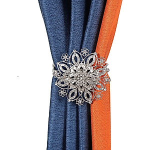 SUQ I OME Luxury Big Crystal Magnetic Curtain Tieback Flower Curtain Clips Buckle with Stretchy Wire Rope for Home Office Decoration(Silver D,2PCS)