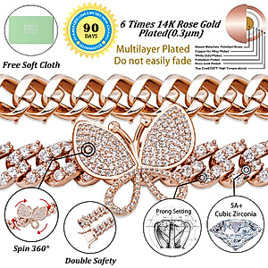 TOPGRILLZ 8mm/12mm 6 Times Plated Iced Out Spinner Charm Butterfly Cuban Link Choker Chain Necklace for Women Novelty Jewelry Gifts(12mm Rose Gold, 16)