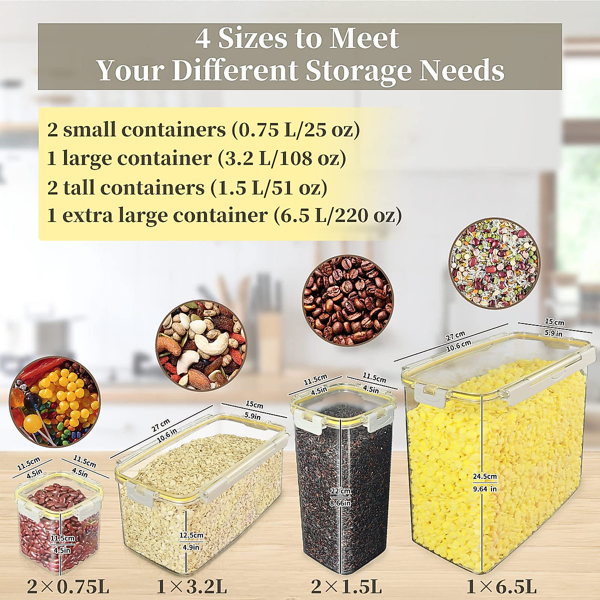 Sekonow Airtight Food Storage Containers with Innovative Lids, 6Pcs 0.75L-6.5L Large Clear Plastic Kitchen Storage Containers for Pantry Organization and Storage, Cereal, Flour and Sugar Containers