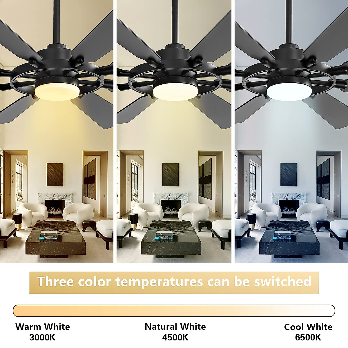 ELEHINSER 60" Ceiling Fan with Lights and Remote Control, Wood 8 Blades 6-Speed Noiseless Reversible DC Motor, Modern Windmill Ceiling fan for Kitchen Bedroom Dining Living Room, Black