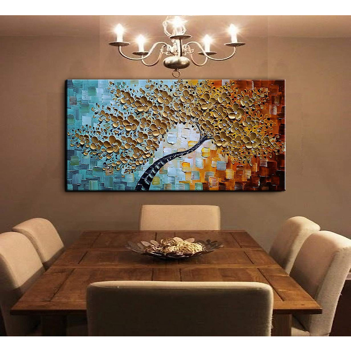 Tyed Art-24x48 Inch Golden Flower Paintings 3D Abstract Paintings Oil Hand Painting On Canvas Wood Inside Framed Ready to Hang Wall Decoration for Living Room Bed Room