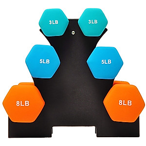 Fitvids Colored Vinyl or Neoprene Coated Dumbbell Set with Stand, 32-Pound Set with Stand, 3LB, 5LB, 8LB Pairs, Cast Iron