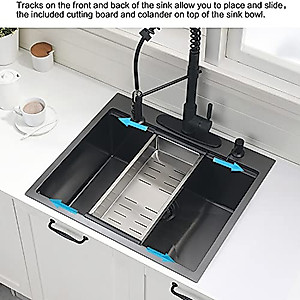 25x22-Inch Black Drop In Kitchen Sink Workstation - VOKIM 25 Inch Single Bowl Kitchen Topmount Sink 16 Gauge Stainless Steel 10'' Deep Handmade Kitchen Sink with Cutting Board& Strainer