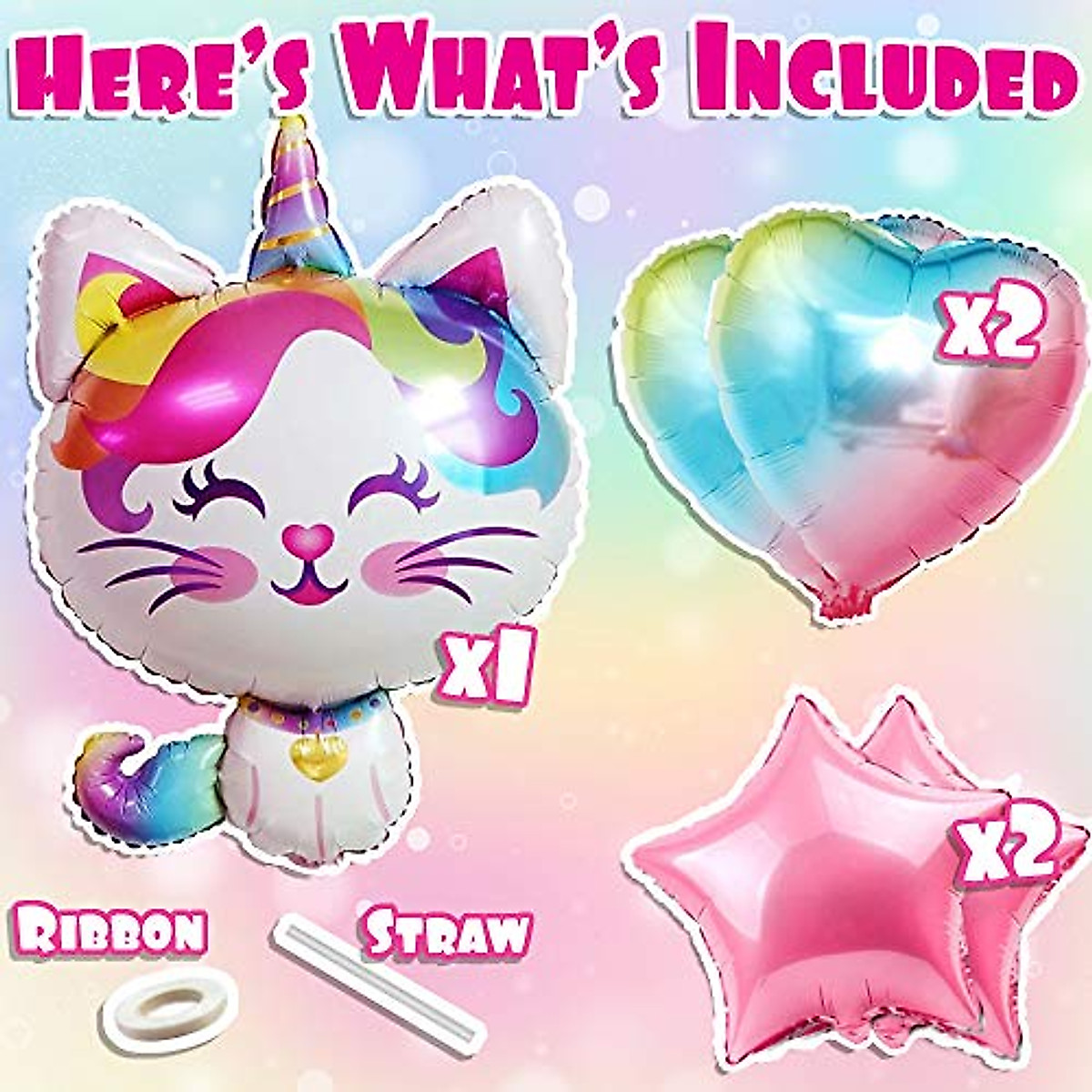 OMG Party Factory Caticorn Party Supplies Balloon Decorations | Birthday Decor for Girls Cat Unicorn Theme | Fancy Rainbow Kitty Balloons for Bday or Baby Shower | Mylar Foil Balloon Set for Kids