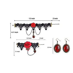 maikun Black Lace Choker Necklace Halloween Costume Jewelry Set with Bracelet Earrings, Punk Party Gothic Lolita Red Flower Rose Beads Vintage Retro choker Wristband for Women
