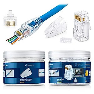 Everest Media Solutions RJ45 Cat6/6a Pass Through Connectors for a Thick 23 AWG Large Diameter UTP Cable & Strain Relief Boots Pack of 50/50 | EZ Modular Plug for Solid or Stranded UTP Network Cable