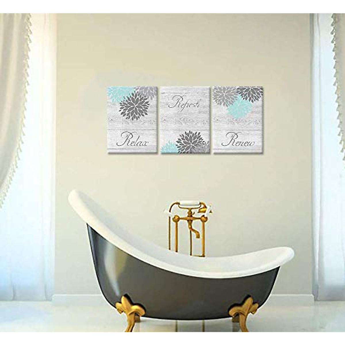 Zlove 3 Pieces Floral Bathroom Wall Art Prints Dahlia Flowers Relax Refresh Renew Signs Blue Grey Artwork Stretched and Framed for Bedroom Living Room Ready to Hang 12x16inchx3pcs