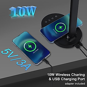 LED Desk Lamp with Wireless Charger, USB Charging Port, Touch Control, 5 Color Modes, 5 Brightness Level, Eye-Caring Desk Lamp for Study Reading, 1H Timer, Home Office Table Lamp
