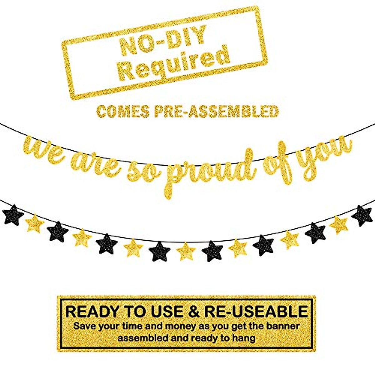 We Are So Proud Of You Banner, Glitter - Big 10 Feet with Star Garland | Graduation Banner, Graduation Decorations 2023 | Black and Gold Graduation Party Decorations 2023 | Congratulations Decorations
