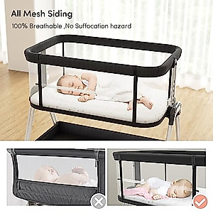 Fodoss Baby Bassinet Bedside Sleeper with Wheels and Storage Tray,4-Sided Mesh Bedside Bassinet Co Sleeper for Infant/Newborn,7 Height Adjustable Easy Folding Bedside Crib