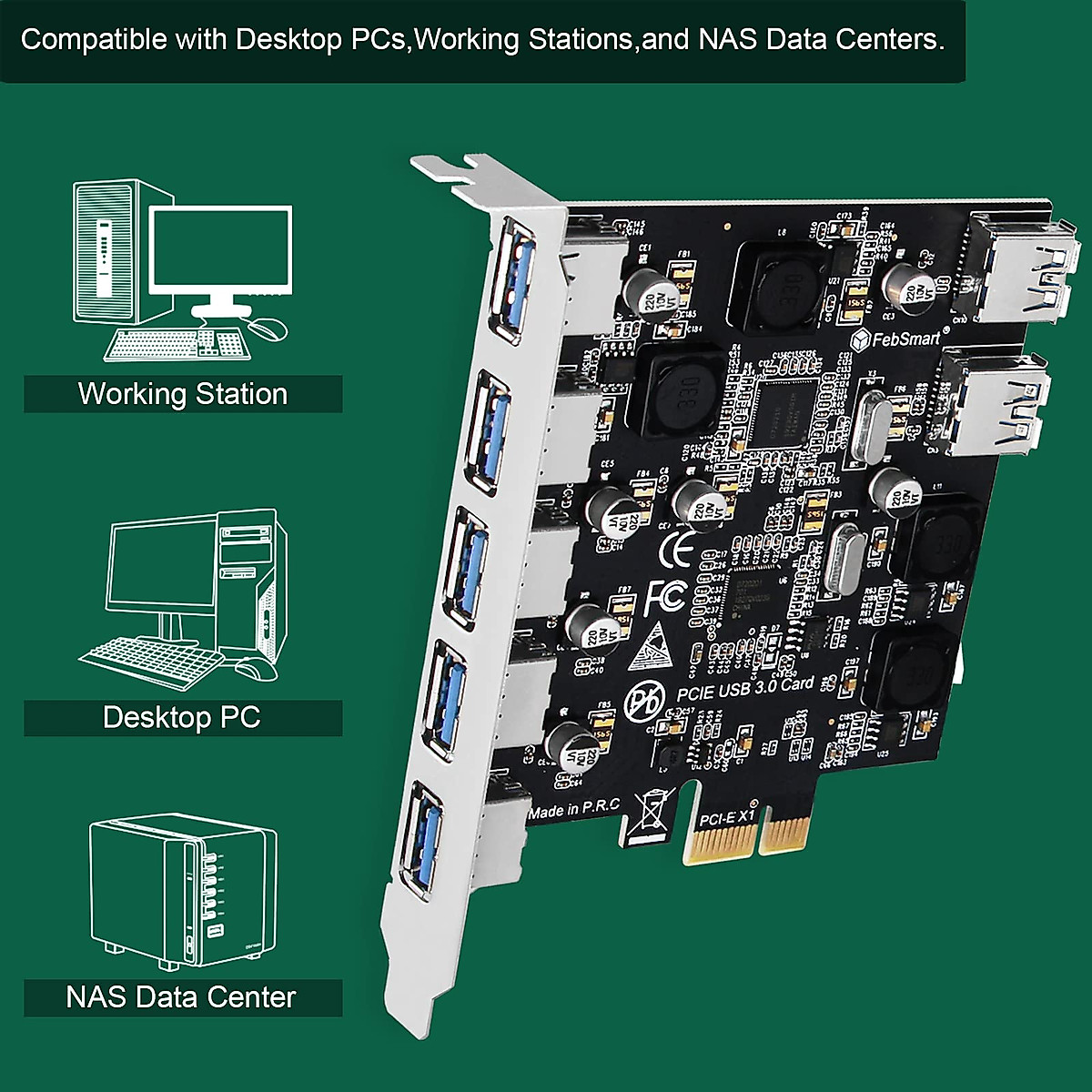 FebSmart 7-Ports Superspeed 5Gbps PCIE USB 3.0 Expansion Card for Windows 11, 10, 8.x, 7, Vista, XP Desktop PCs, Built in FebSmart Self-Powered Technology, No Need Additional Power Supply (FS-U7-Pro)