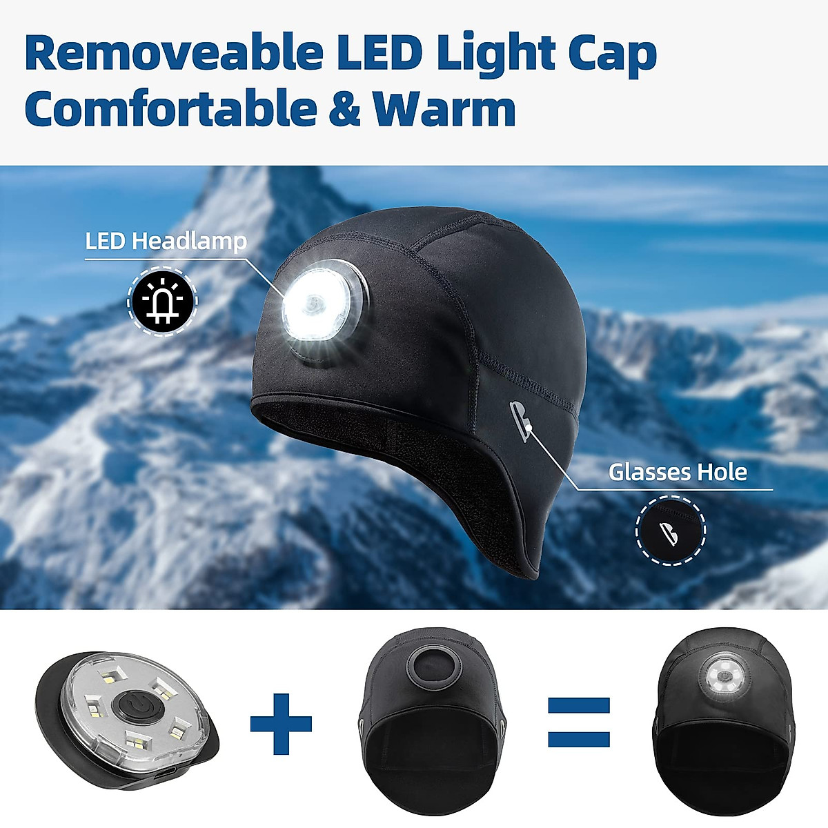 ROCKBROS LED Skull Cap with Light, Rechargeable Headlamp Cap, Winter Warm Running Cycling Cap, LED Lighted Beanies Hat,Headlight Flashlight Hiking Camping,Tech Gifts for Men Women Handyman Teens Black