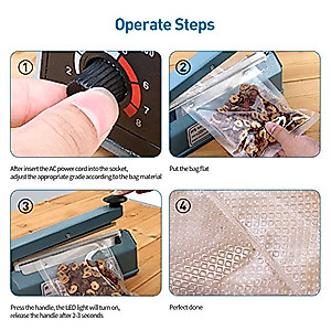 8 inch 200mm Impulse Bag Sealer, Manual Bag Sealer Heat Seal Closer, Adjustable Timer Electric Heat Seal Closer Packaging Sealer with 2 Free Replacement Kit, Blue