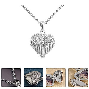Locket Necklace Heart Shaped Angel Wing Photo Locket Necklace Memory Pendant with Personalized Picture Creative Neck Chain for Women Men, Silver