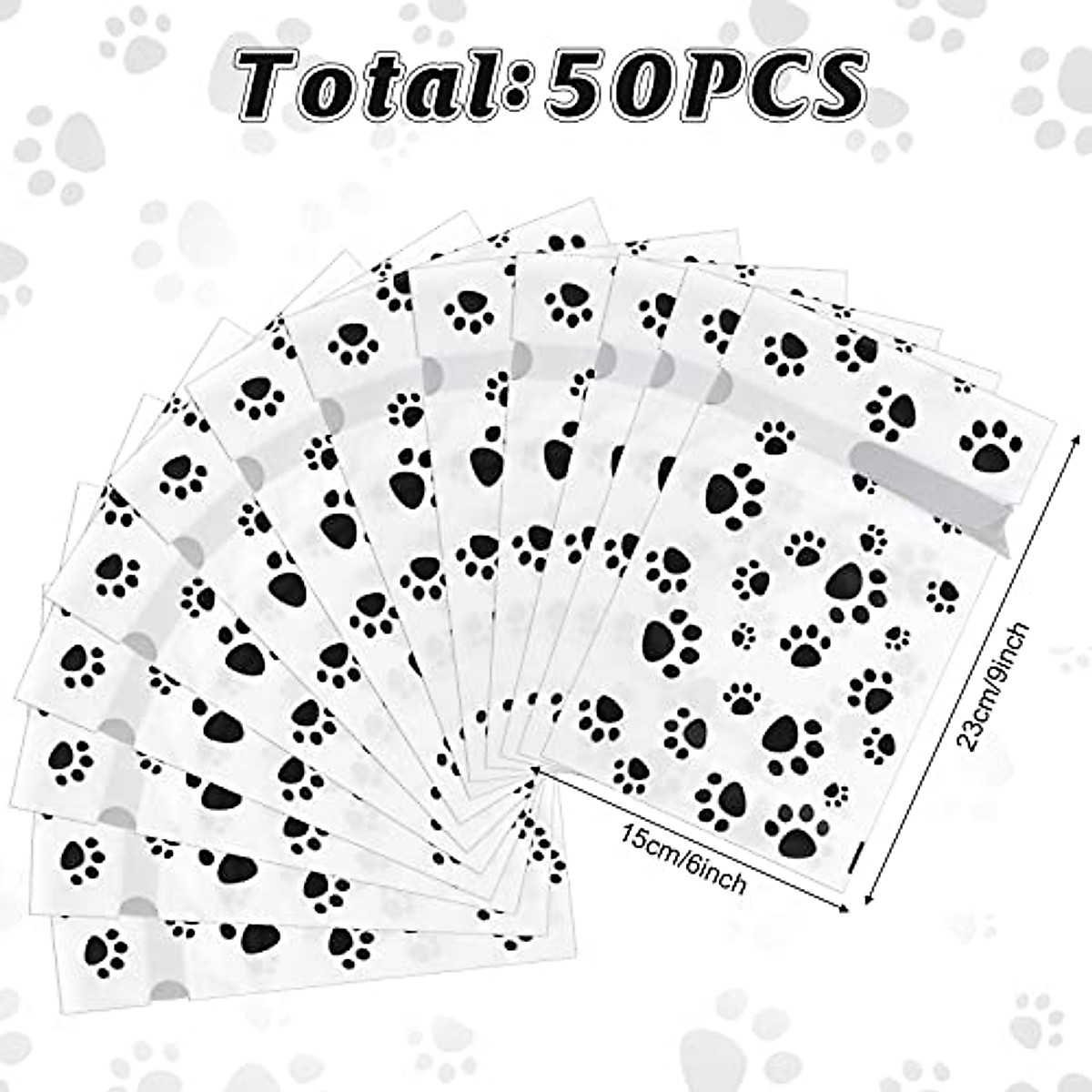 YIDAKO 50 Pieces Paw Print Goodie Bags, Plastic Dog Gift Bags With Drawstring, Treat Candy Bags For Dog Cat Theme Party Favors and Boys Girls Birthday Party Supplies Decorations, 9× 6 Inch