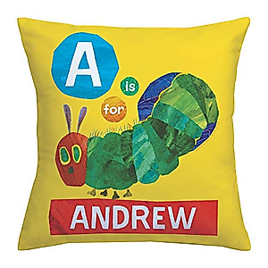 Eric Carle's Very Hungry Caterpillar Personalized Throw Pillow with Alphabet on Yellow Removable Cover, Custom Name and Initial Printed, Official Licensed Product, 14x14