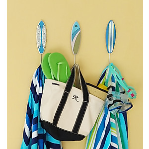 Tumbler Home Tropical Surfboard Wall Hooks – Set of 3 – Blue/Green/White Theme – 9” Tall