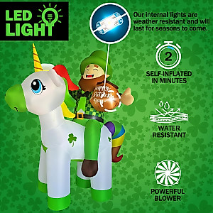 BLOWOUT FUN 6ft Inflatable St Patricks Day Leprechaun Riding Unicorn Decoration LED Blow Up Lighted Decor Indoor Outdoor Holiday Art Decor