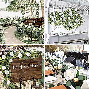 Menoeceus 2 Pack Artificial Silk Rose Vines Garland Fake Flower Plants Arts Hanging Decoration for Outdoor Indoor Home Kitchen Garden Office Wedding Ceremony Hotel Party Art Decor (White)