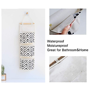 KRLIFCSL Over The Door Clost Hanging Storage Bag with 3 Pockets Canvas Fabric Wall Storage Organizer, 2 Pcs Adhesive Wall Hooks,2 Pack (Black)