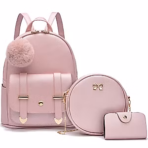 I IHAYNER Mini Leather Backpack Purse for Teen Girls 3-Pieces Fashion Backpack Cute Travel Daypacks Women Pompom Backpack Shoulder Bag Gold Pink