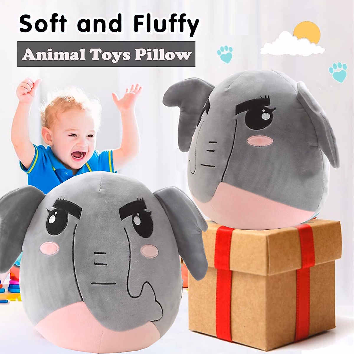 Jemsia Stuffed Elephant Animal Squishy Plush Toy for Kids,Plushie Elephant Animal Shaped Lumbar Back Cushion 12in Boys Girls Gift for Christmas Birthday Valentine's Day