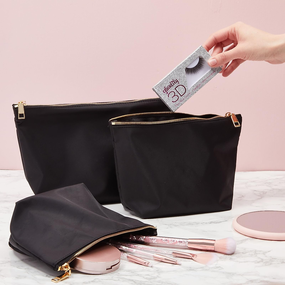 Glamlily 3 Piece Black Makeup Bag Set for Women, Nylon Zipper Cosmetic Pouch Organizers for Travel, Toiletries (3 Sizes)