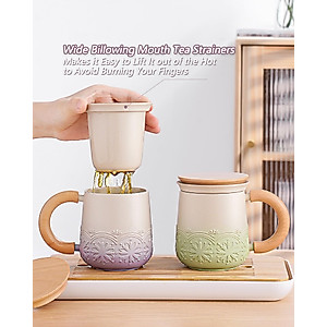 ZENS Tea Mug with Infuser and Lid for Loose Leaf Tea Steeper, 11 oz Embossed Ceramic Tea Cup with Strainers for Tea Steeper, Wood Handle Gradient Tea Cup for Daughter, Collector's Mug Gifts