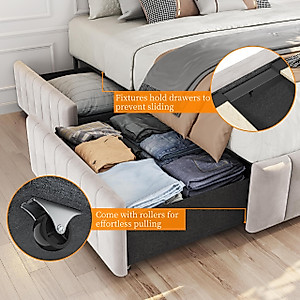 Yaheetech King Bed Frame Upholstered Platform Bed with 4 Storage Drawers, Large Storage Space/Strong Wooden Slats/Non-Slip and Noise-Free/No Fixed Headboard/No Box Spring Needed/Beige King Bed