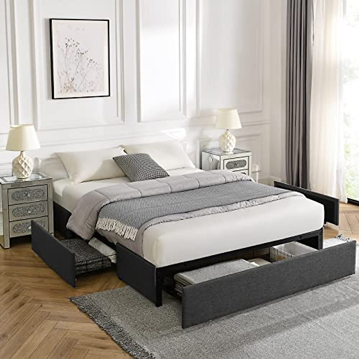 Alohappy Upholstered King Size Platform Bed Frame with 3 Storage Drawers, Mattress Foundation with Wooden Slats Support, Double-Row Support Bars, No Box Spring Needed, Dark Grey