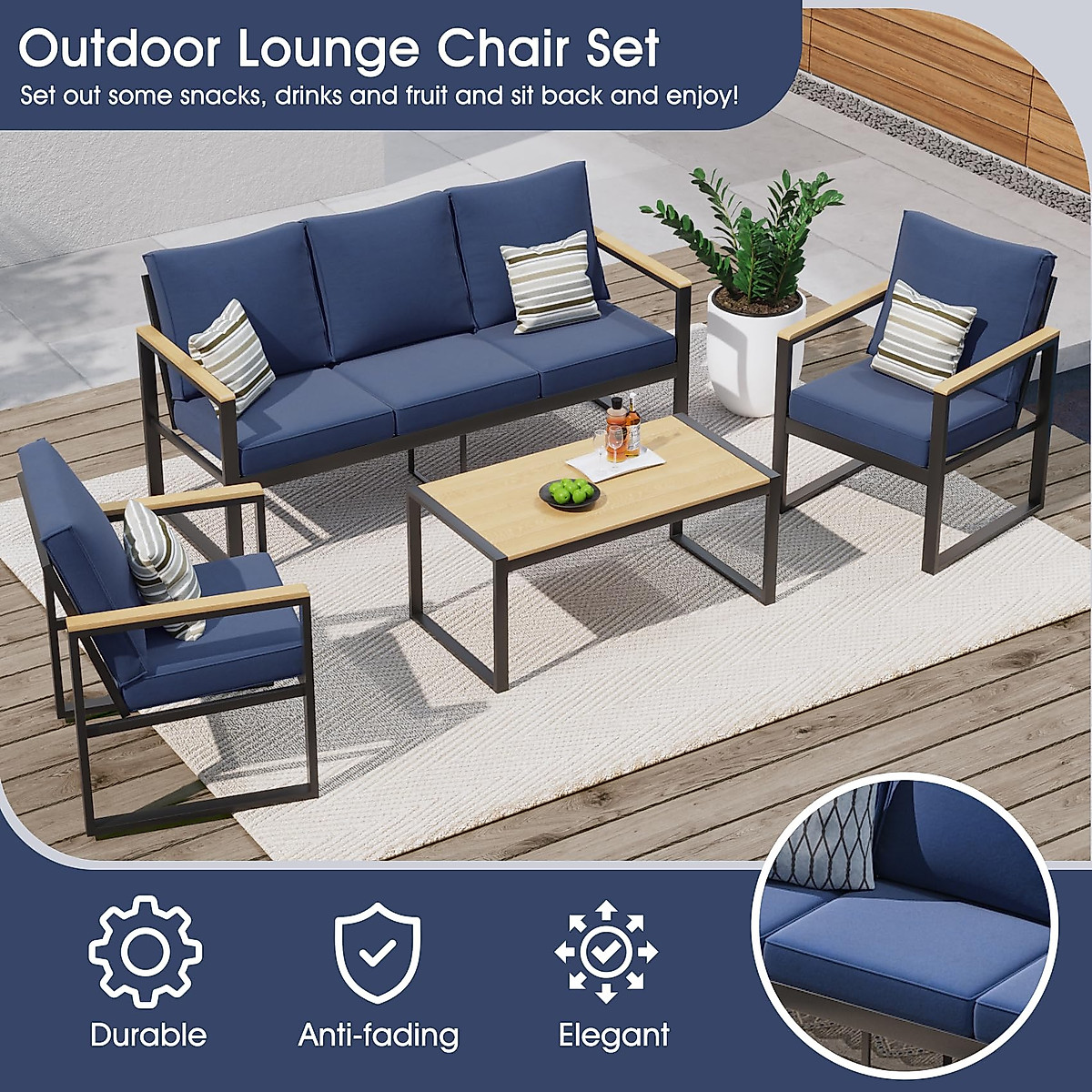 Temminkii Outdoor 4 Pieces Furniture Sets Modern Aluminum Patio Conversation Sets Sectional Sofa w Blue Cushion Faux Wood Grain Frame Coffee Table for Garden Courtyard Poolside
