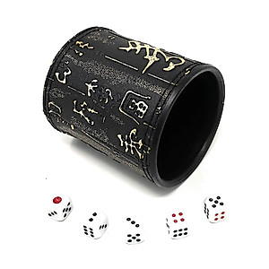 THY COLLECTIBLES Dice Cup with 5 Dices, PU Leather Professional Dice Shaker Cup Set for Yahtzee/Craps/Backgammon or Other Dice Games Chinese Calligraphy Design
