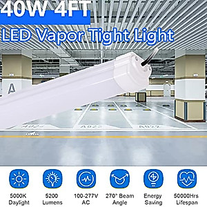 4FT LED Vapor Tight Lights, 40W LED Vapor Proof Light, 5200LM 5000K Commercial LED Workshop Light, IP65 Waterproof for Car Wash, Garage, Walk-in Freezer, 100-277V AC DLC UL Listed (6-Pack)