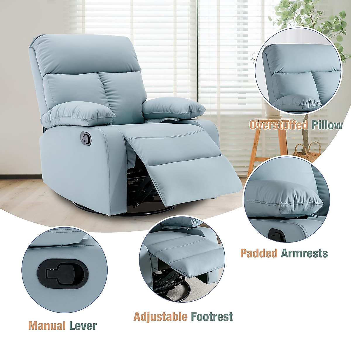 hzlagm Swivel Rocker Recliner,Rocking Recliner Chair with Adjustable Footrest for Small Spaces,Small Rocker Recliner Chair for Living Room,Bedroom,Nursery - Mint Blue