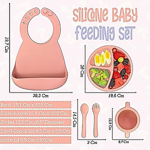 Silicone Baby Feeding Set, Baby Led Weaning Supplies with Suction Bowls for Baby, Toddler Self Feeding Dish Set with Silicone Silverware for Babies Sippy Cup, Feeding Supplies for 6+ Months(Pink)