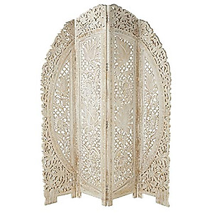 Deco 79 Wood Floral Handmade Hinged Foldable Arched Partition 4 Panel Room Divider Screen with Intricately Carved Designs, 60" L x 2 "W x 72"H, White