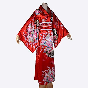 Women Japanese Kimono Robe Sweet Floral Patten Japanese Kimono Cosplay Dress Outfit Women Silk Satin Bathrobe Sleepwear (Long Kimono Red)