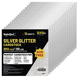 Sliver Glitter Cardstock Paper, 15 Sheets 12" x 12" 300gsm/110Ib Square Colored Card Paper for Crafts DIY Projects Card Making Birthday Wedding Decoration UAP21SR15