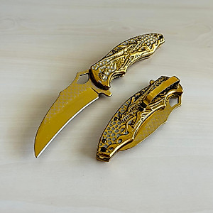 BladeDealUSA Dragon Design Assisted Open Folding Pocket Knife, Dragon Skin Blade, Gold Color, Hunting, Camping Accessories