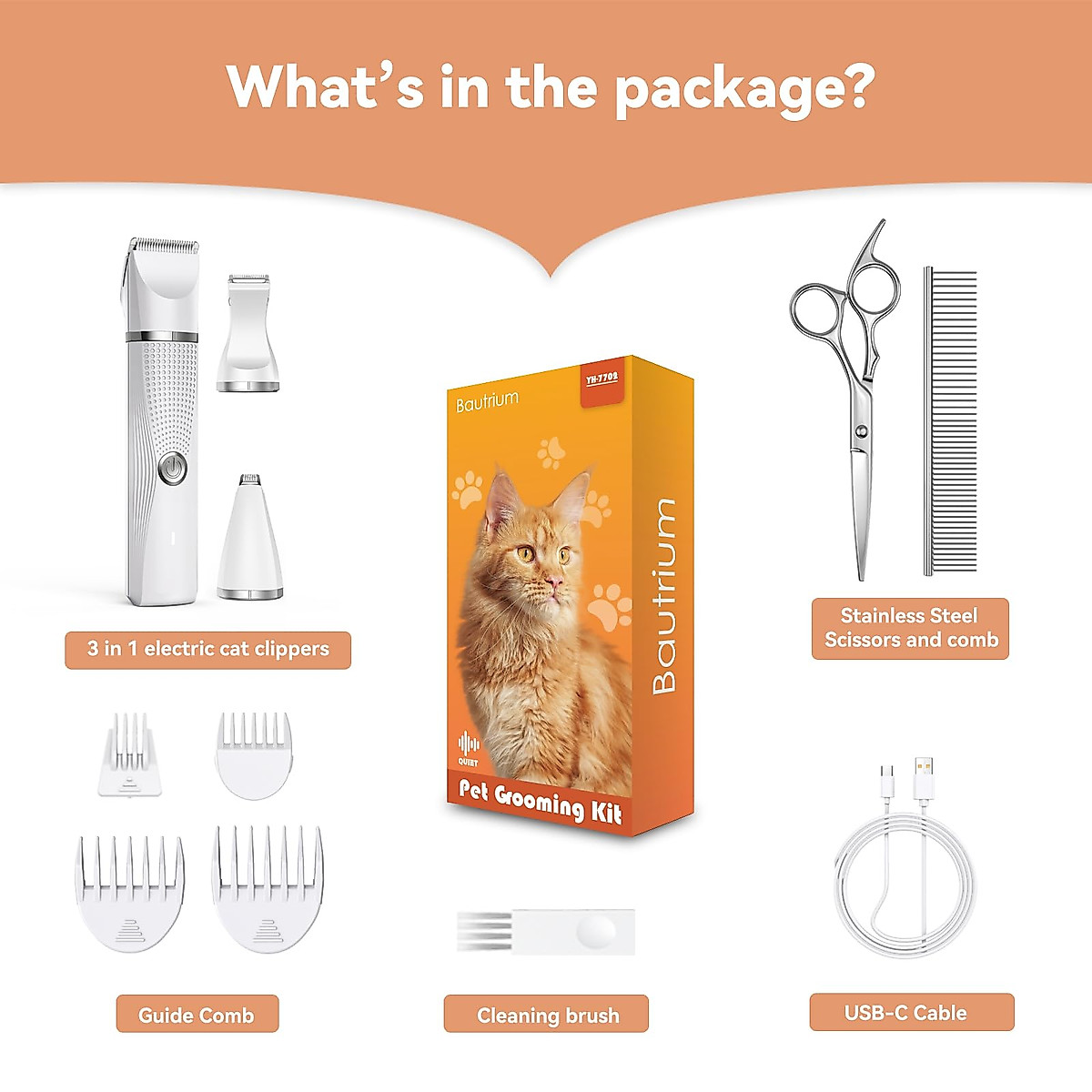 Cat Grooming Clippers Kit for Matted Hair, Bautrium 3 in 1 Electric Pet Hair Trimmer for Thick Hair, Heavy Coat Butt Shaver Cordless Cat Razor Claw Fur Trimmer for Dogs and Other Small Animals at Home